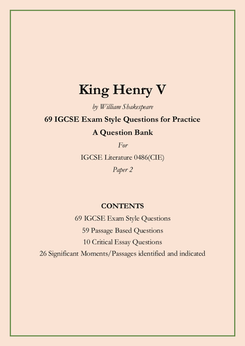King Henry V by Shakespeare: 69 IGCSE Exam Style Questions for Practice ...