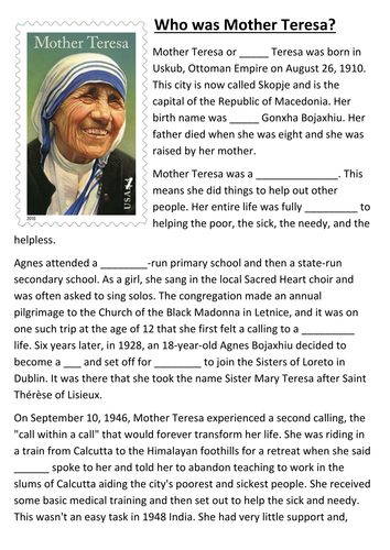 Mother Teresa Cloze Activity by sfy773 - Teaching Resources - TES