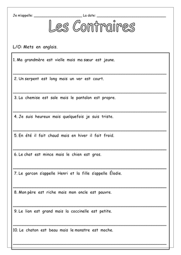 FRENCH - Adjectives - Les Adjectifs (les Contraires) - Worksheets ...