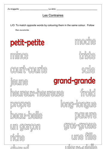 FRENCH - Adjectives - Les Adjectifs (les Contraires) - Worksheets ...