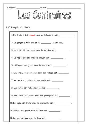 FRENCH Adjectives - Les Adjectifs (les contraires) - Worksheets ...