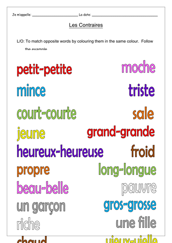 FRENCH - Adjectives - Les Adjectifs (les contraires) - Worksheets ...