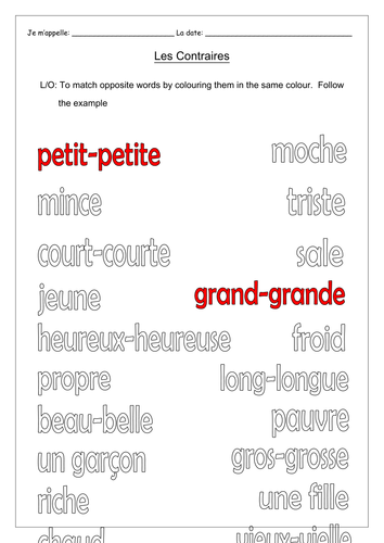 FRENCH - Adjectives - Les Adjectifs (les contraires) - Worksheets ...