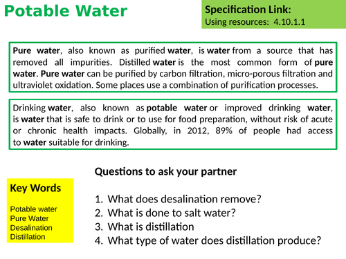 KS4 AQA GCSE Chemistry (Science) Potable Water Lesson | Teaching Resources
