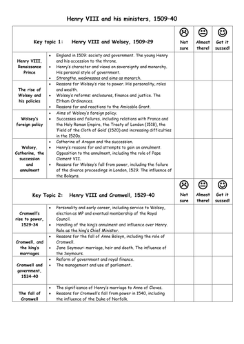 Edexcel GCSE History Checklist: Henry VIII and his ministers, 1509–40 ...
