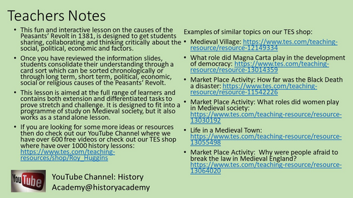 Causes of the Peasants Revolt Card Sort | Teaching Resources