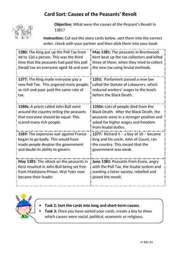 Causes of the Peasants Revolt Card Sort | Teaching Resources