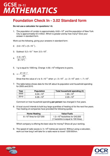 OCR Maths: Foundation GCSE - Check In Test 3.02 Standard form ...