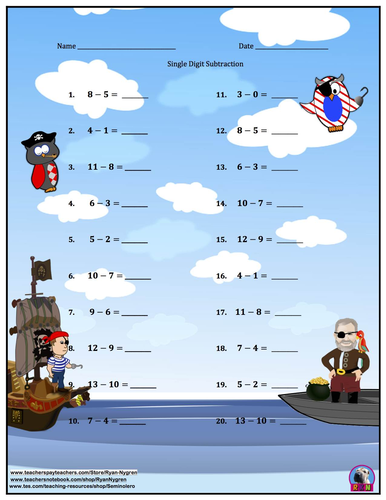 Single Digit Subtraction - Pirate Themed Worksheets - Horizontal ...