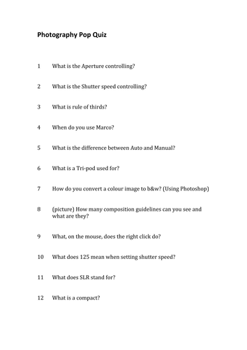 Photography Quiz and Icebreaker | Teaching Resources