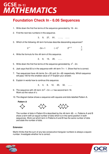 OCR Maths: Foundation GCSE - Check In Test 6.06 Sequences | Teaching ...