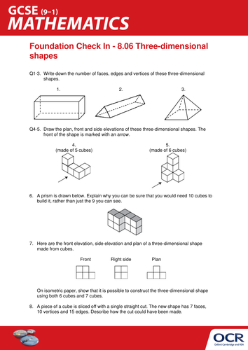 OCR Maths: Foundation GCSE - Check In Test 8.06 Three-dimensional ...