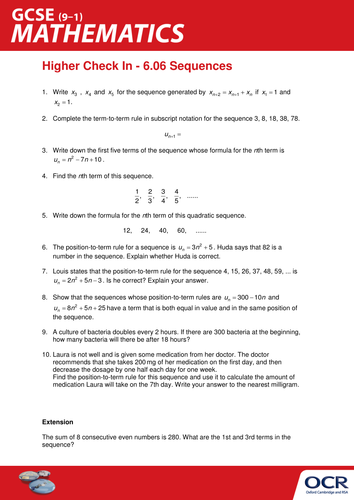 OCR Maths: Higher GCSE - Check In Test 6.06 Sequences | Teaching Resources