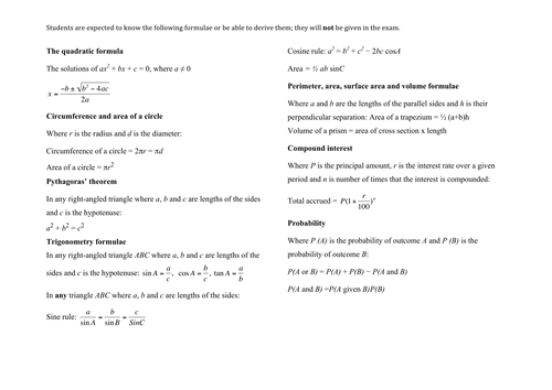 Mathematics GCSE Formula sheet for 2017 exams Higher Tier | Teaching ...