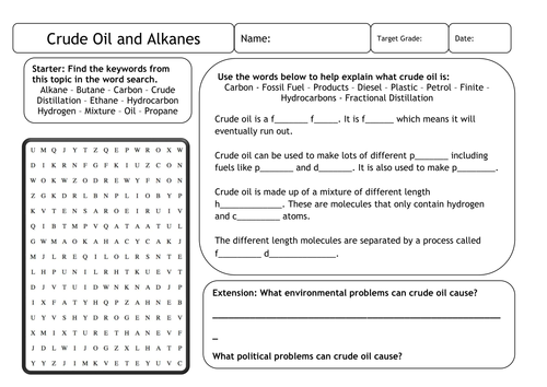 Crude Oil and Alkanes Worksheet | Teaching Resources