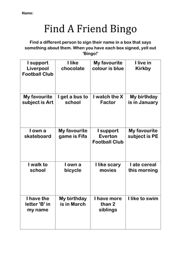 Find A Friend Bingo - Back to School Introductions - All About Me ...