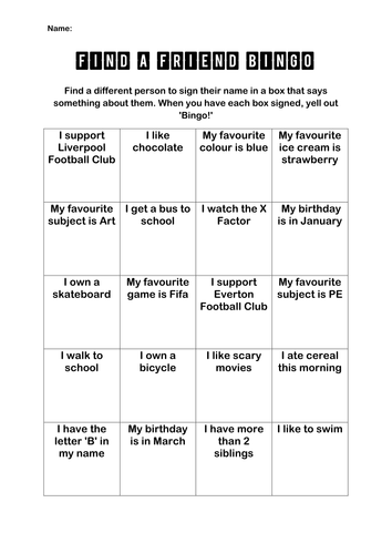 Find A Friend Bingo - Back to School Introductions - All About Me ...