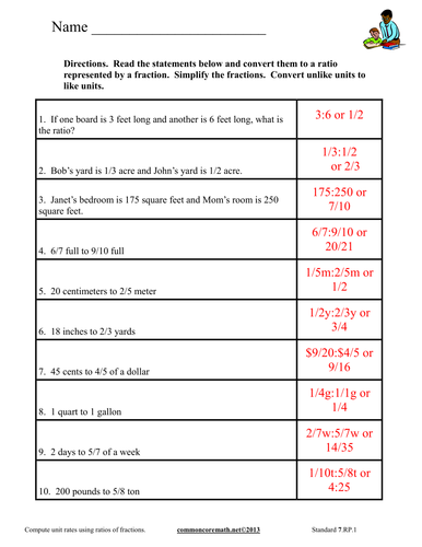 Unit Rates and Ratios of Fractions - 7.RP.1 | Teaching Resources