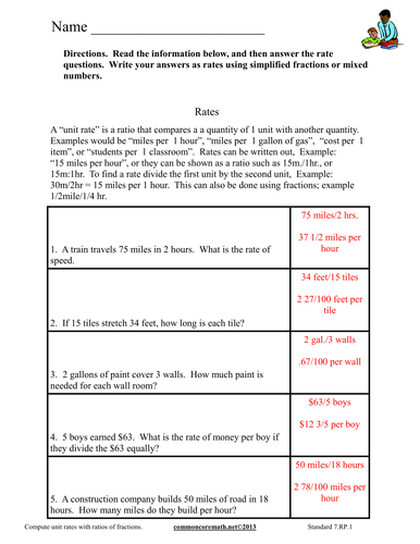 Unit Rates and Ratios of Fractions - 7.RP.1 | Teaching Resources