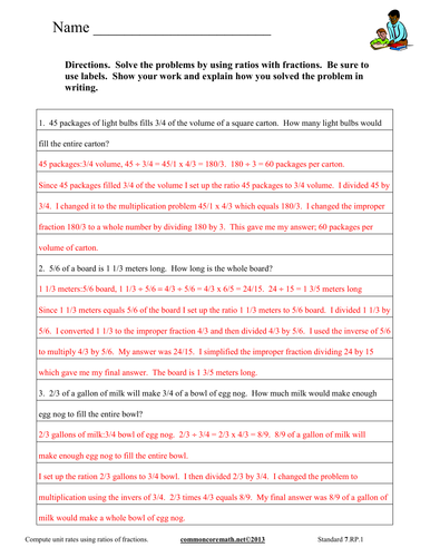 Unit Rates and Ratios of Fractions - 7.RP.1 | Teaching Resources