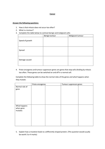 Cancer worksheet | Teaching Resources