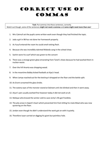Sentence Structure and Commas Activities | Teaching Resources