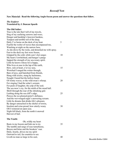 Beowulf Skills Application Test | Teaching Resources