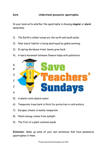 Possessive Apostrophes Lesson Plan and Worksheet | Teaching Resources