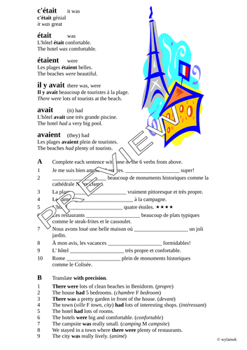 Holidays; Using Key Verbs - c'était, avait and il y avait | Teaching ...