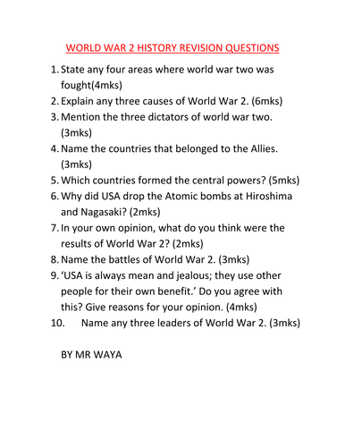 GOOD WORLD WAR 2 REVISION QUESTIONS | Teaching Resources