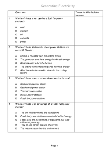 Generating Electricity Multiple Choice - Quick Key App Optional ...