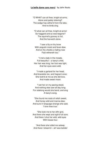 AQA LOVE THROUGH THE AGES- La belle dame sans merci- John Keats ...