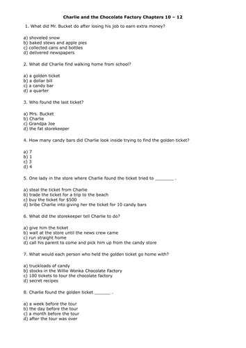 Charlie and the Chocolate Factory Multiple Choice Comprehension ...