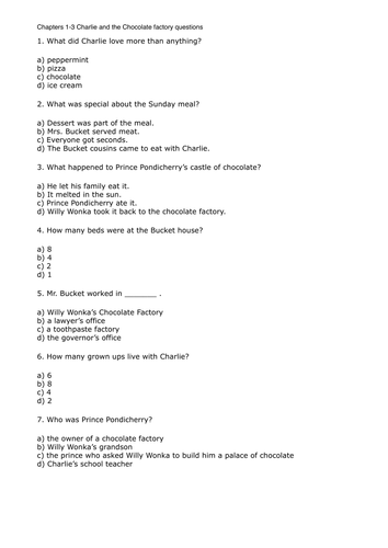 Charlie and the Chocolate Factory Multiple Choice Comprehension ...