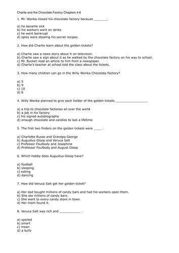 Charlie and the Chocolate Factory Multiple Choice Comprehension ...