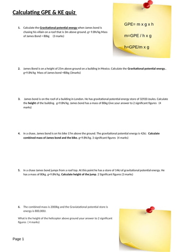 GCSE 9-1 GPE and kinetic energy calculations | Teaching Resources