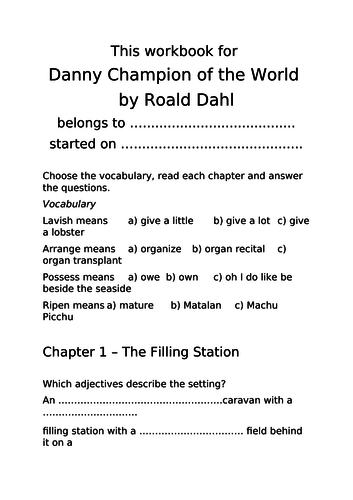 Danny Champion of the World by Roald Dahl- workbook | Teaching Resources
