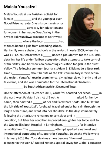 Malala Yousafzai Cloze Activity | Teaching Resources