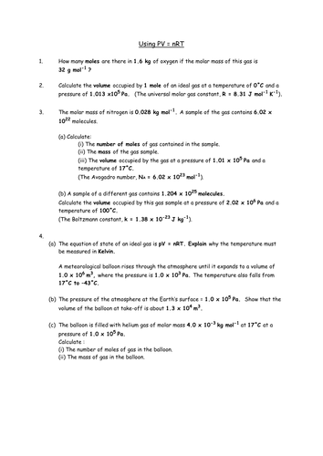 A Level Physics - Gas Laws and Ideal Gases | Teaching Resources
