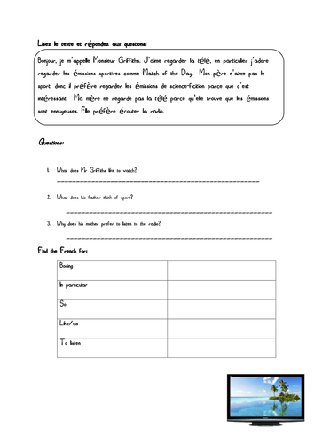 French TV reading comprehension | Teaching Resources