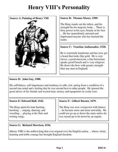 Henry VIII's Personality - Source Analysis | Teaching Resources