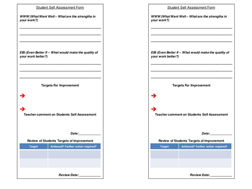 Student Self Assessment Form - with Teacher feedback and Target Review ...