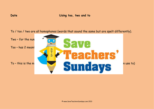 Using Too, Two and To Lesson Plan and Worksheet | Teaching Resources