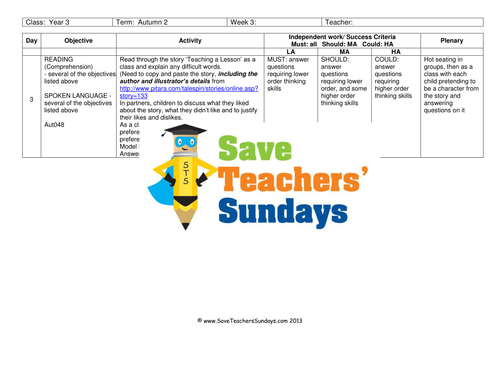 Year 3 /4 Short Story Comprehension Lesson Plan, Text and Worksheets 5 ...