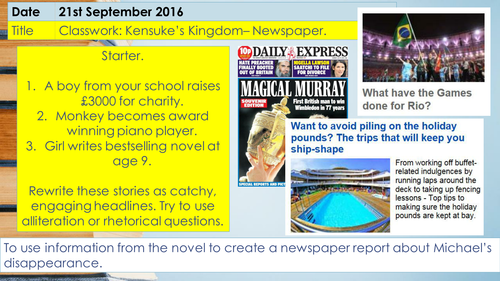 Kensuke's Kingdom - Newspaper Task. | Teaching Resources