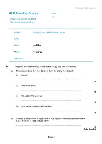 AQA Trilogy Physics Assessment Energy Transfer by heating | Teaching ...