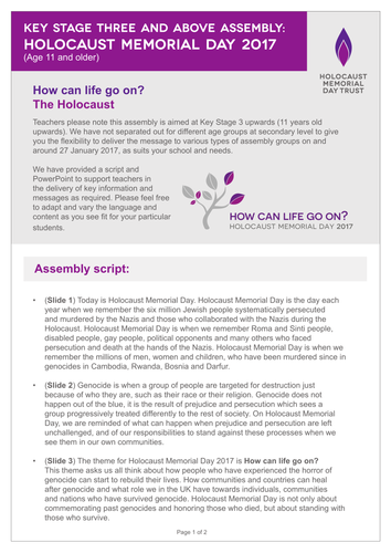 Holocaust Memorial Day 2017 assembly KS3+ (age 11+): How can life go on ...