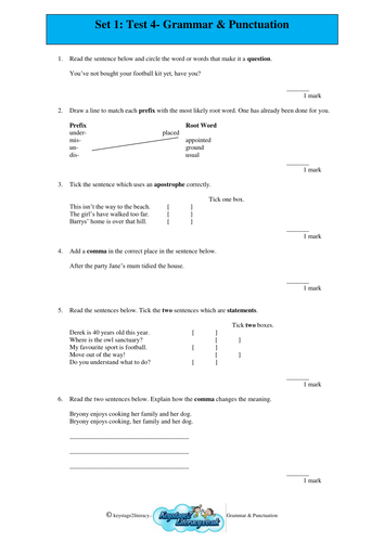 Grammar and Punctuation 10 Minute Tests (10 Tests in Each Unit ...