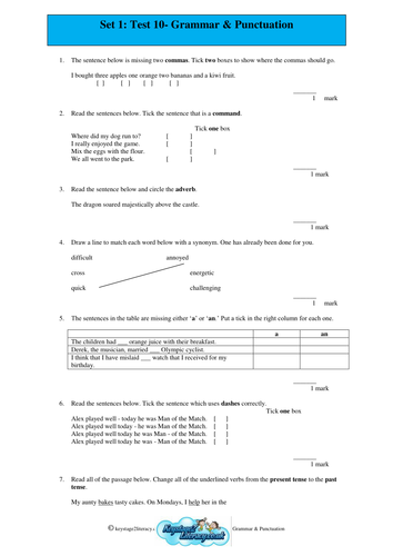 Grammar and Punctuation 10 Minute Tests (10 Tests in Each Unit ...