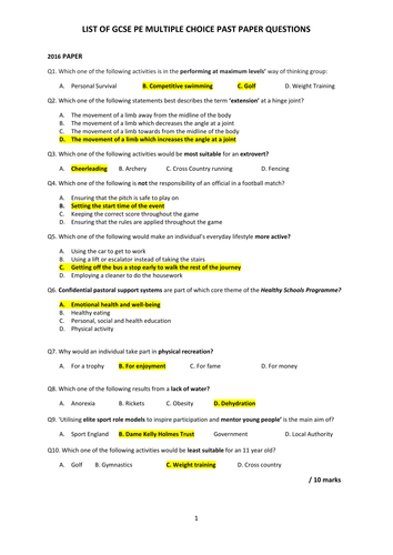 AQA GCSE PE 60 past paper multiple choice questions and answers ... AQA GCSE PE 60 past paper multiple choice questions and answers ...